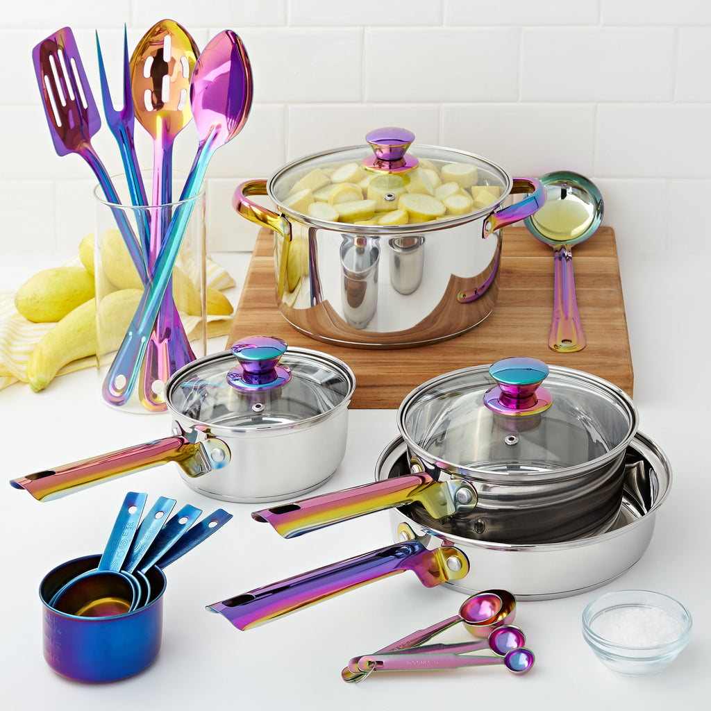 Iridescent Stainless Steel 20-Piece Cookware Set, with Kitchen Utensil ...