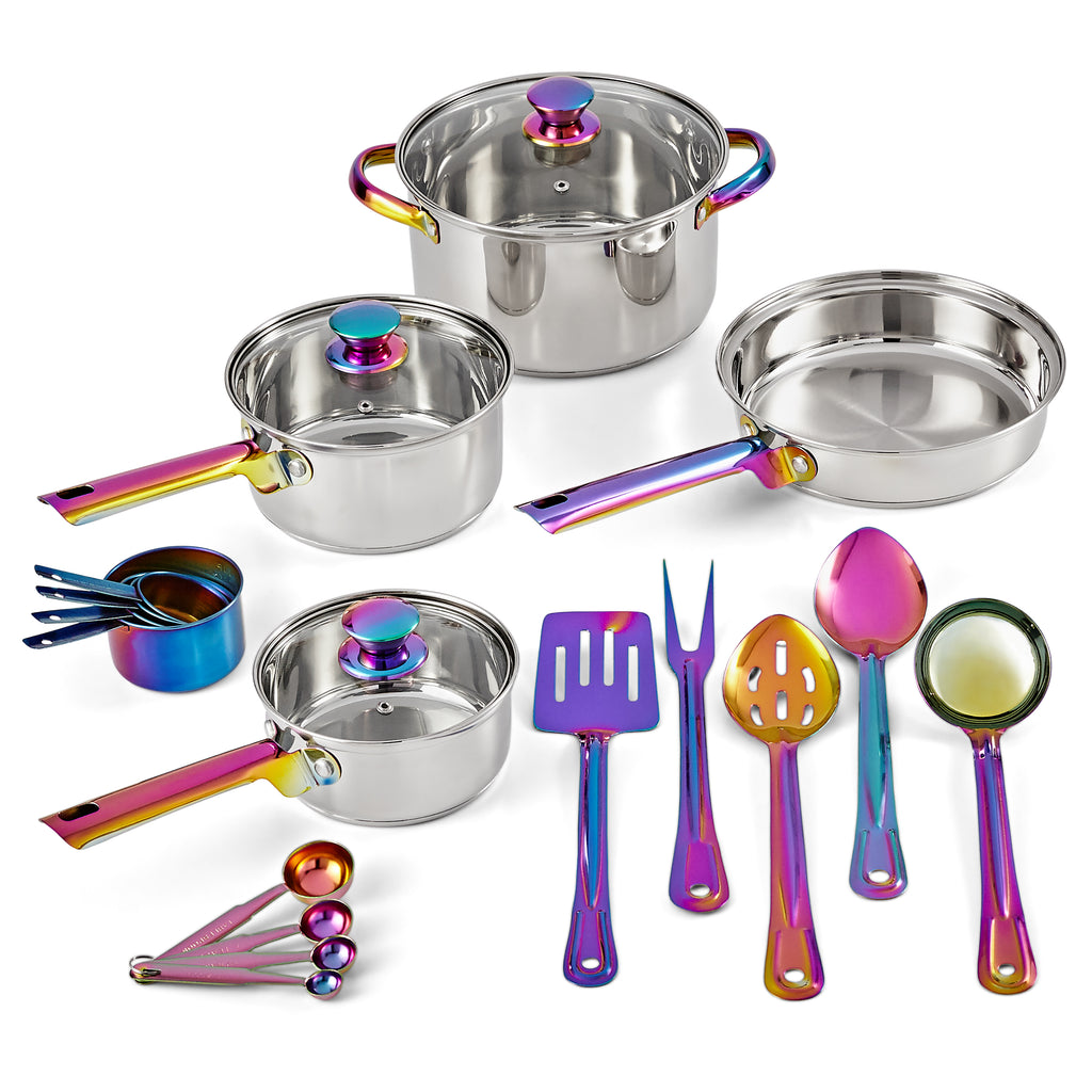 Iridescent Stainless Steel 20-Piece Cookware Set, with Kitchen Utensil ...